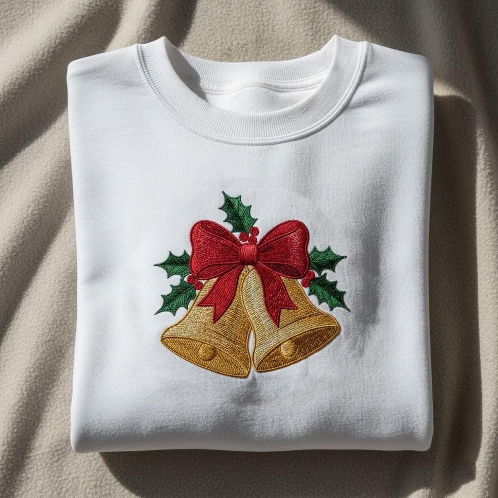 Christmas Bells Embroidered Sweatshirt, Festive Holly and Bow Crewneck, Holiday Joy Sweater ...