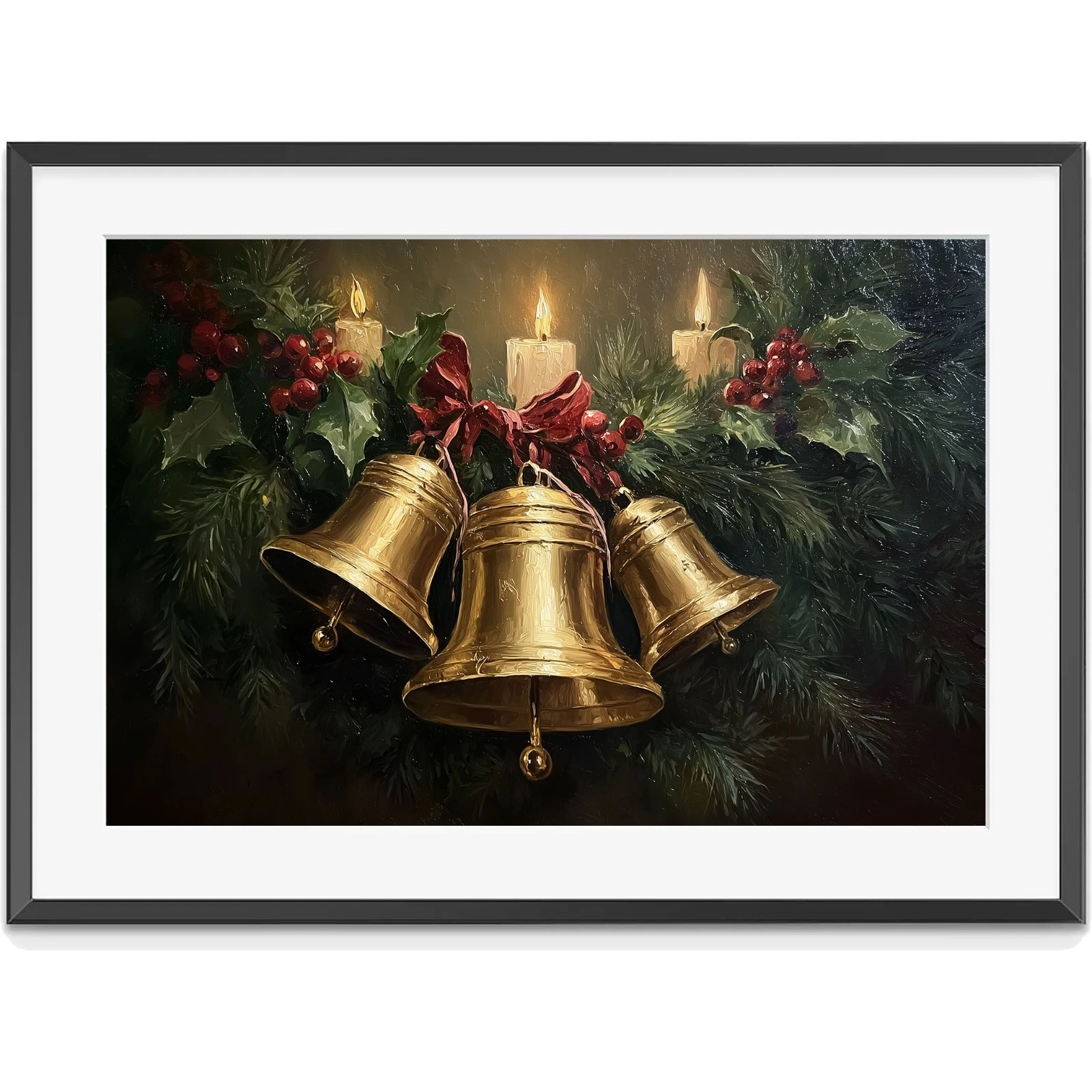 Christmas Bells Printable Wall Art, Vintage Holiday Candle & Evergreen ...