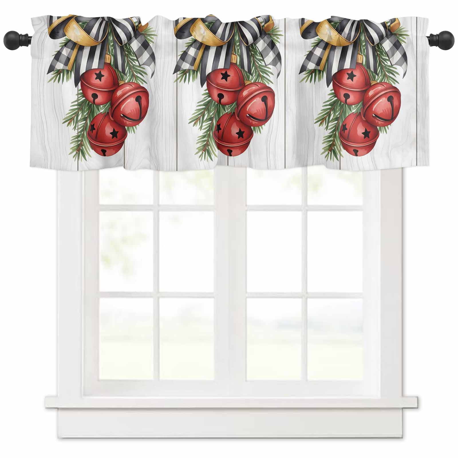 Christmas Bells Valances for Windows, Black Plaids Butterflies Wooden ...