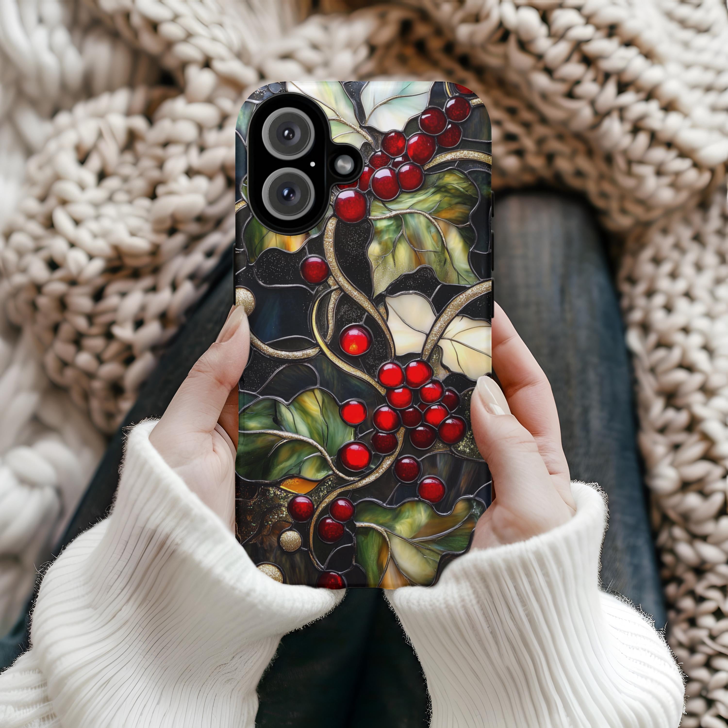 Christmas Berries Pine Tree Glass Holiday Case for iPhone 17 through 11 ...