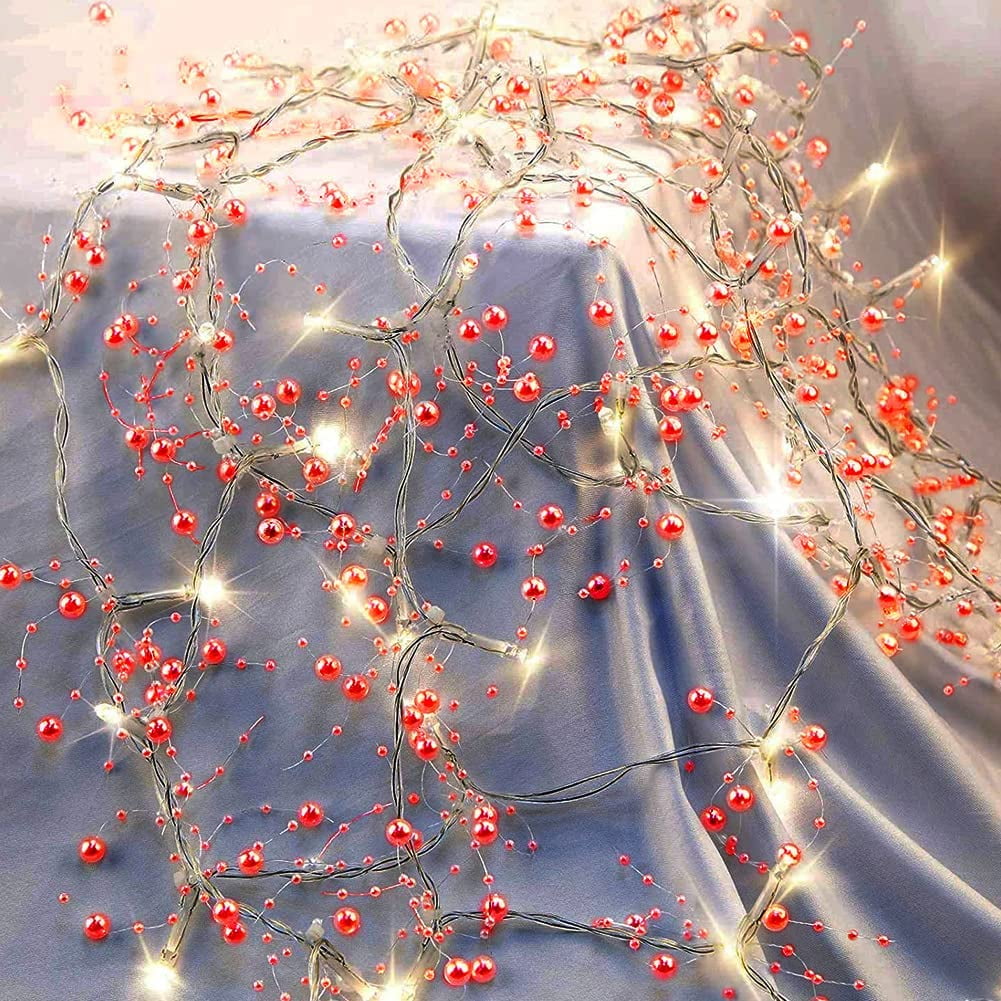 Christmas Berry Beaded Garland, 9.8ft 30 LED Lighted Berry Beaded ...