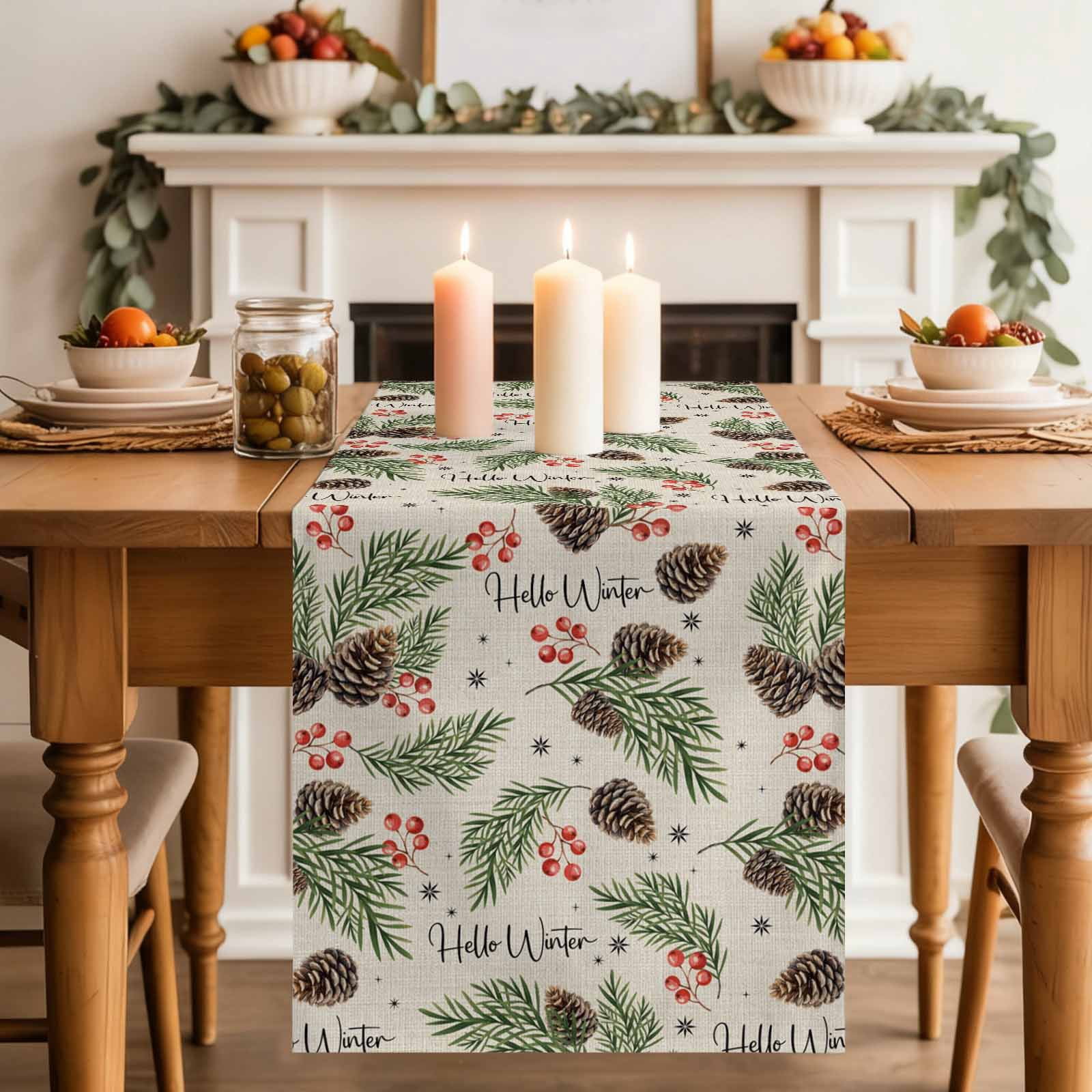 Christmas Berry Pine Cone Table Runner 90 Inches Long,Kitchen Dining ...