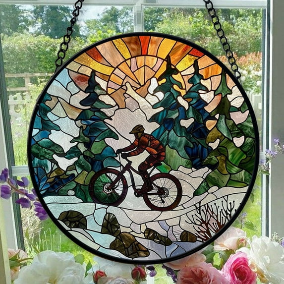 Christmas Bicycle 4 Stained Glass Window Hanging, Celebration Hanging Decor, Mother’S Day ...