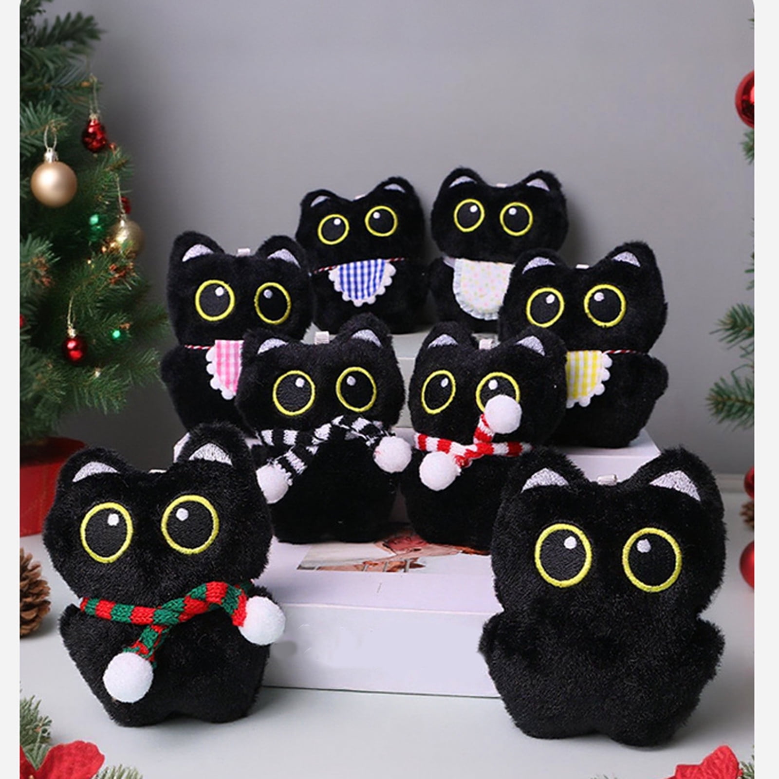 Christmas Big-Eyed Black Cat Plush Doll with Red Santa Scarf Cute ...