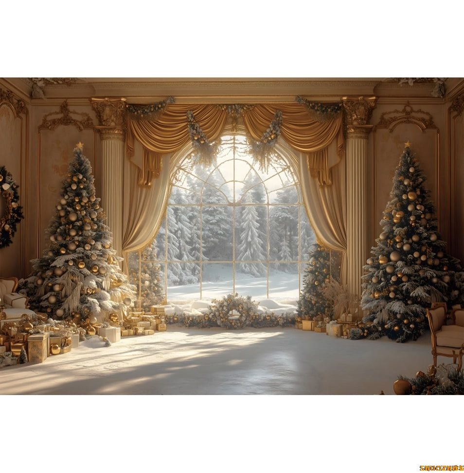 Christmas Big Window Backdrop Xmas Tree Curtain Living Room Kids ...