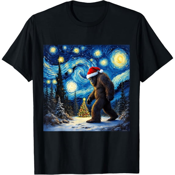 Christmas Bigfoot Santa Hat Van Gogh Starry Night Holiday T-Shirt Tee ...