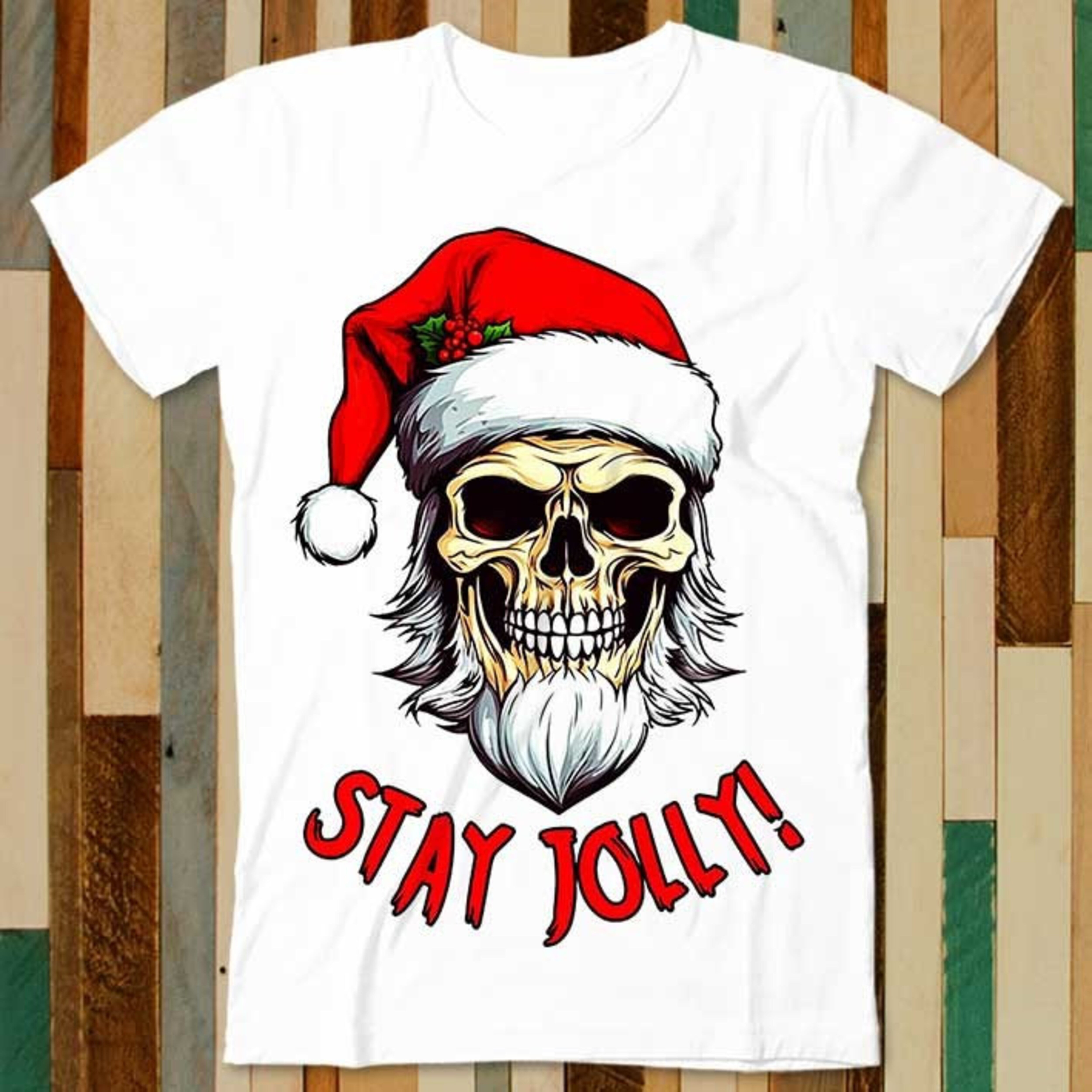 Christmas Biker Stay Jolly Santa Skull Xmas Beard Hat Secret Santa Bike T Shirt Adult Unisex ...