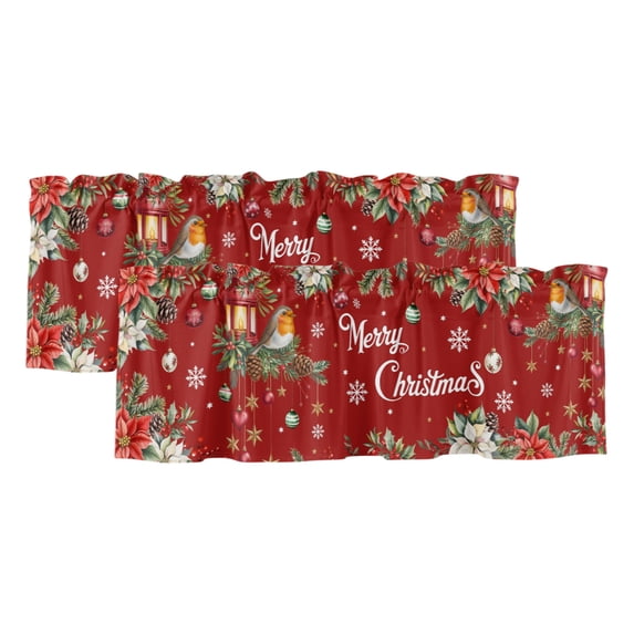 Christmas Bird 2 Panels Kitchen Valance, Poinsettia Floral Holly Fruit ...