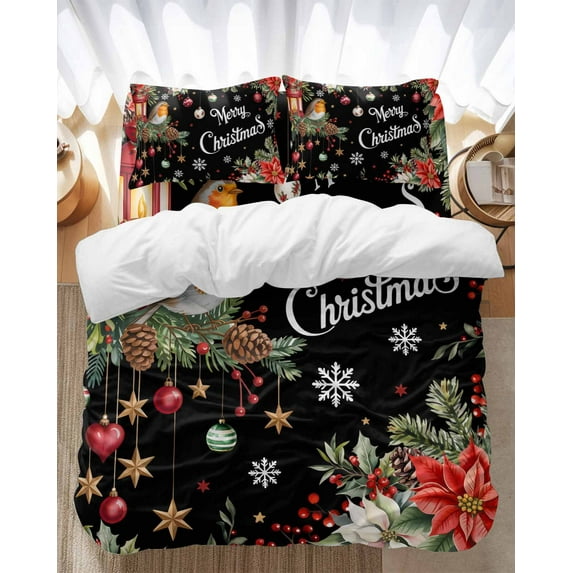 Christmas Bird Bedding Duvet Cover Set Twin Size 4 Pieces Poinsettia ...
