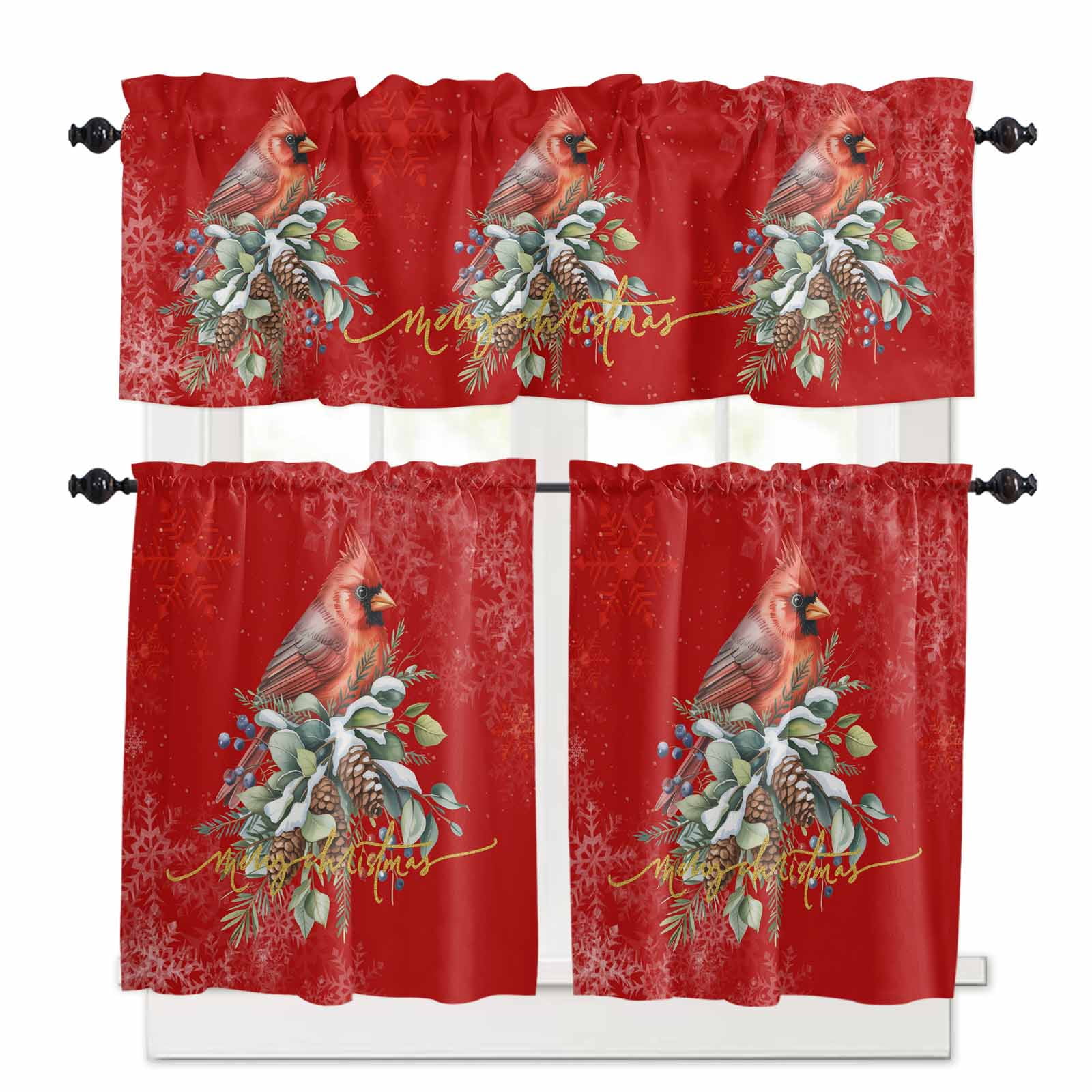 Christmas Bird Kitchen Curtains and Valances Set, Pine Cone Branch ...