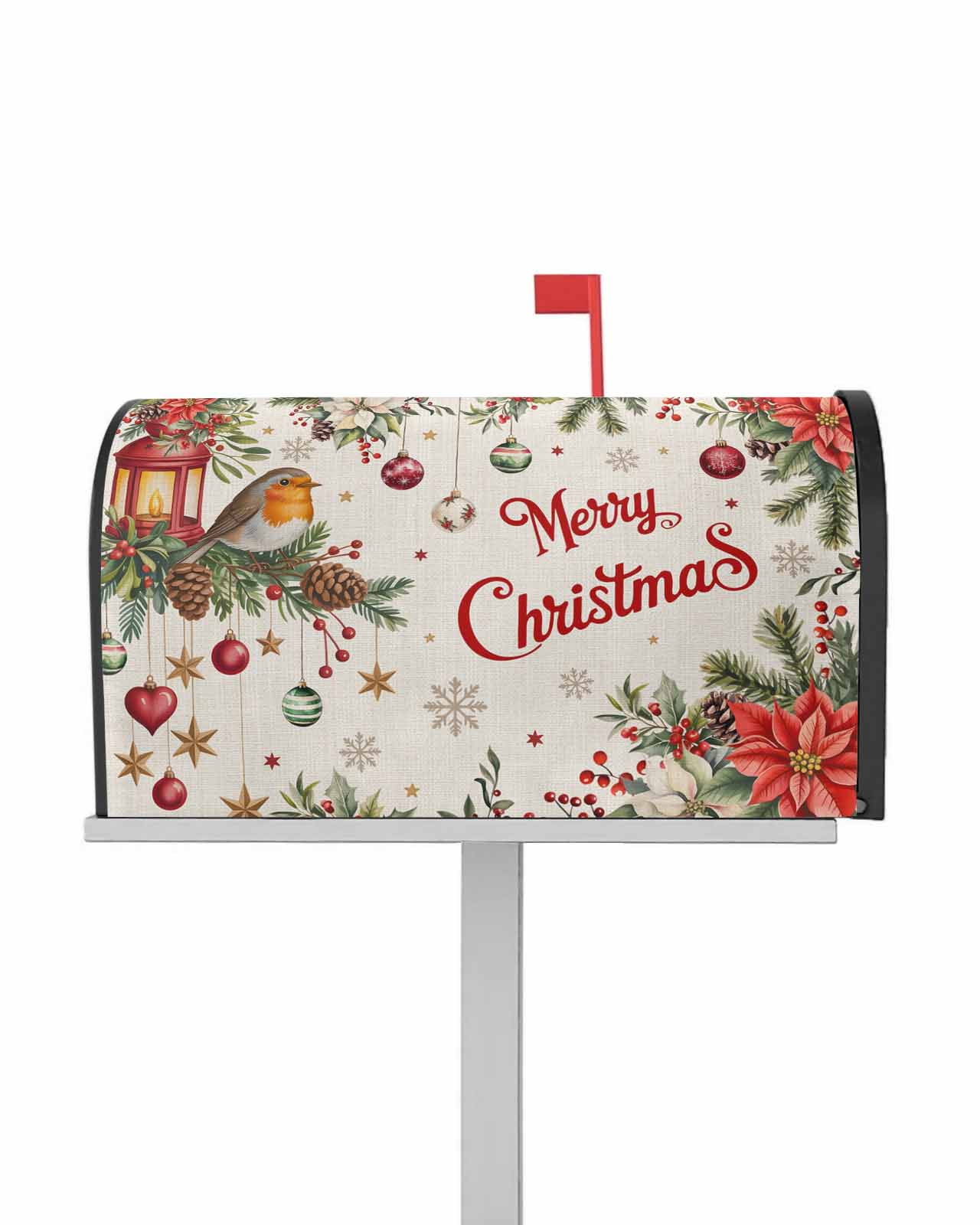 Christmas Bird Mailbox Cover, Poinsettia Floral Holly Fruit Xmas Ball ...