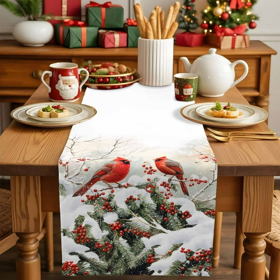 Christmas Bird Red Berry Leaves Table Runner 13x90in Non-Slip Cotton ...