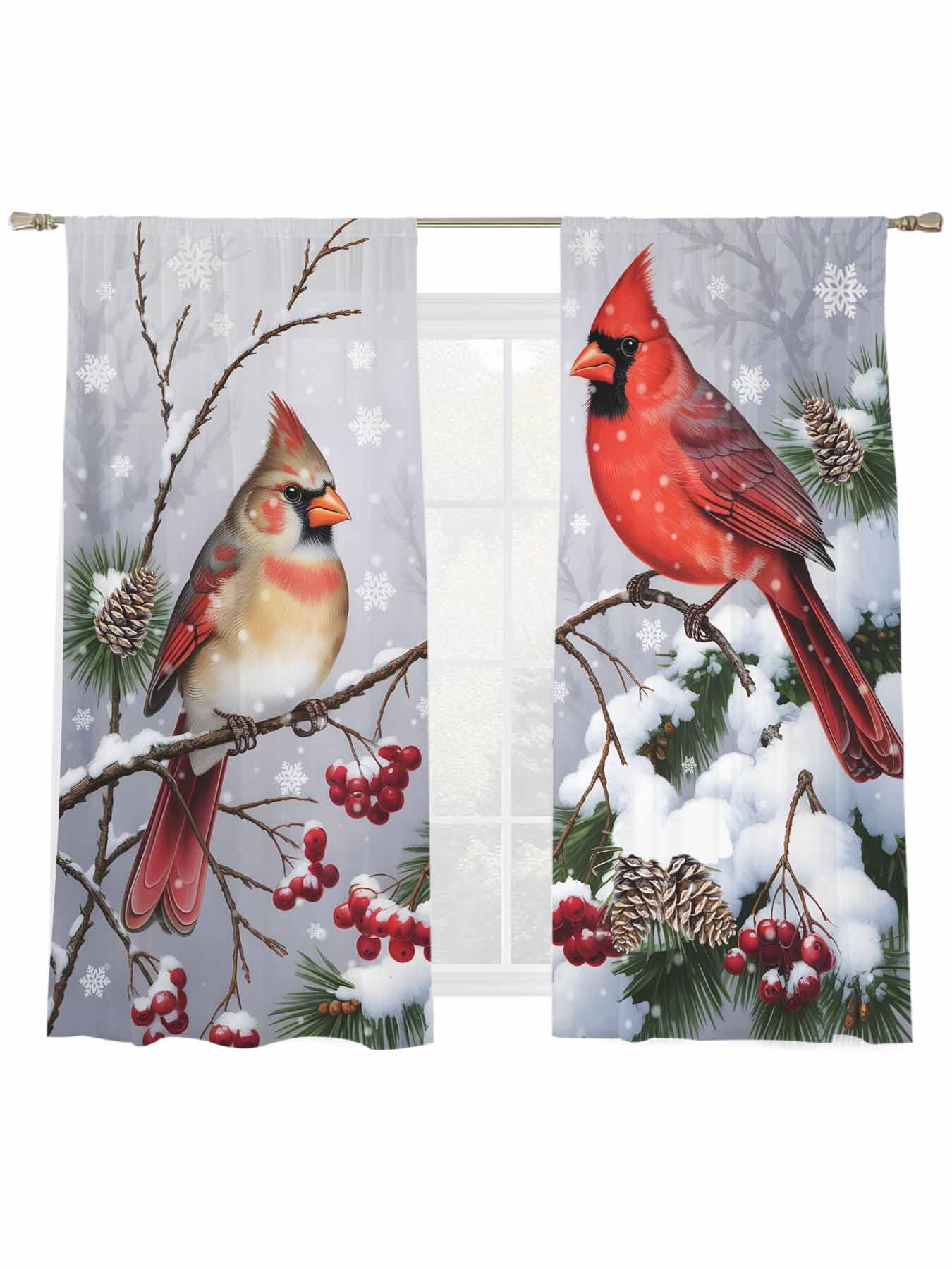 Christmas Bird Sheer Curtains 63 inches Long, Winter Red Cardinal on ...