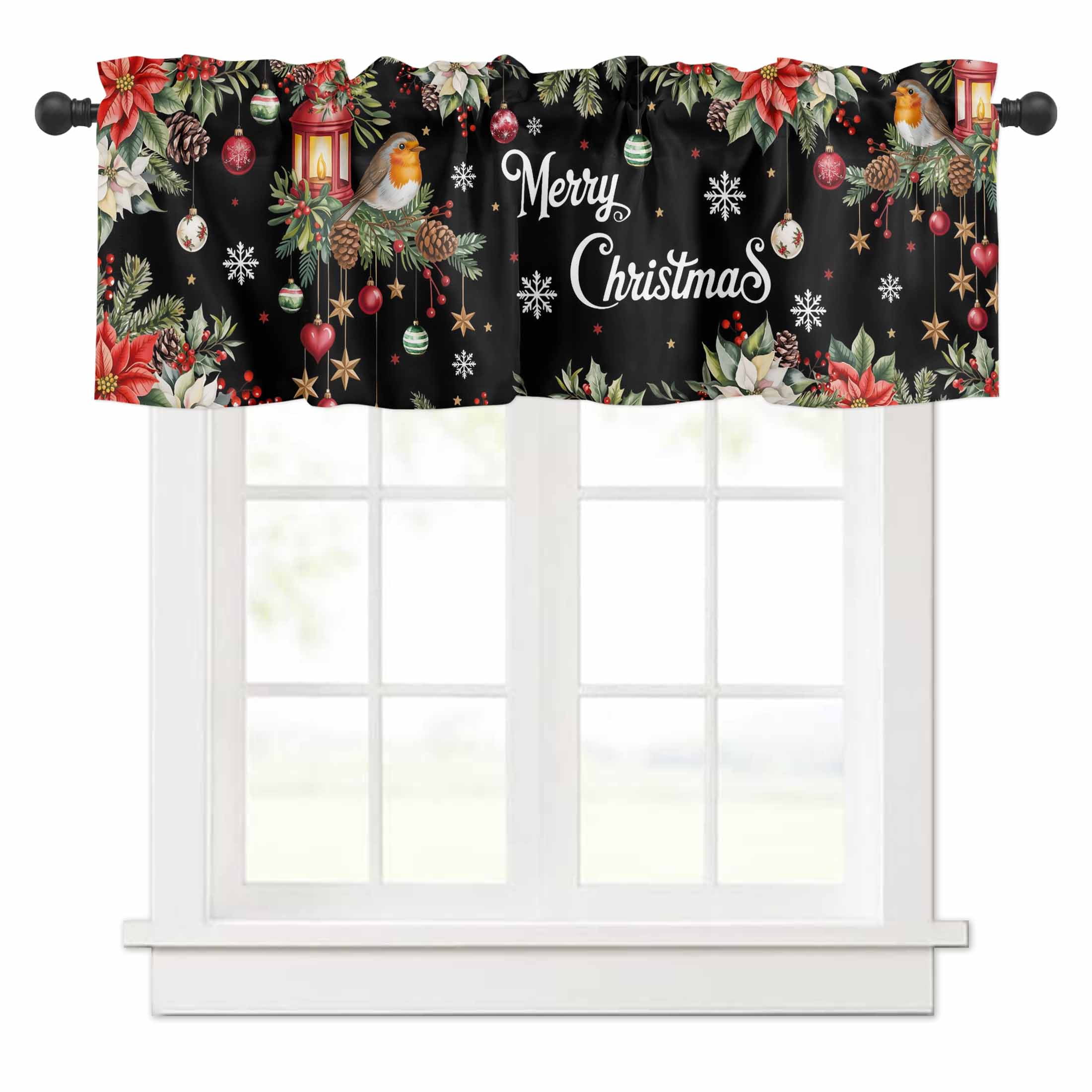Christmas Bird Valances for Windows Poinsettia Floral Holly Fruit Xmas ...