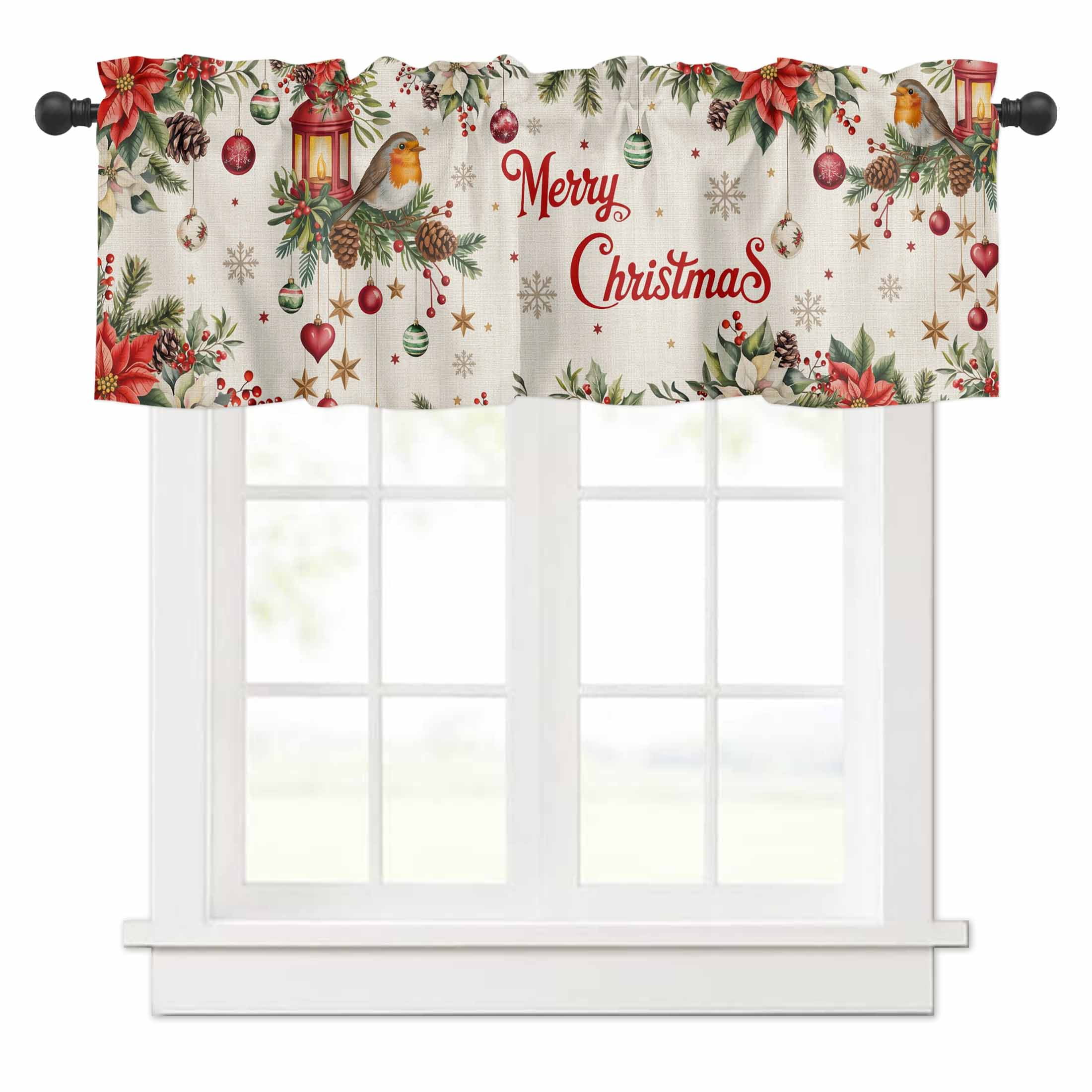 Christmas Bird Valances for Windows Poinsettia Floral Holly Fruit Xmas ...