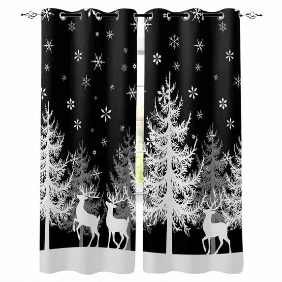 Christmas Black Blackout Curtains 96 Inches Long, White Xmas Tree Elk ...