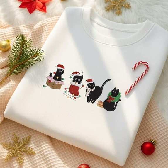 Christmas Black Cat Embroidered Sweatshirt, Cute Holiday Cat Lover Gift ...
