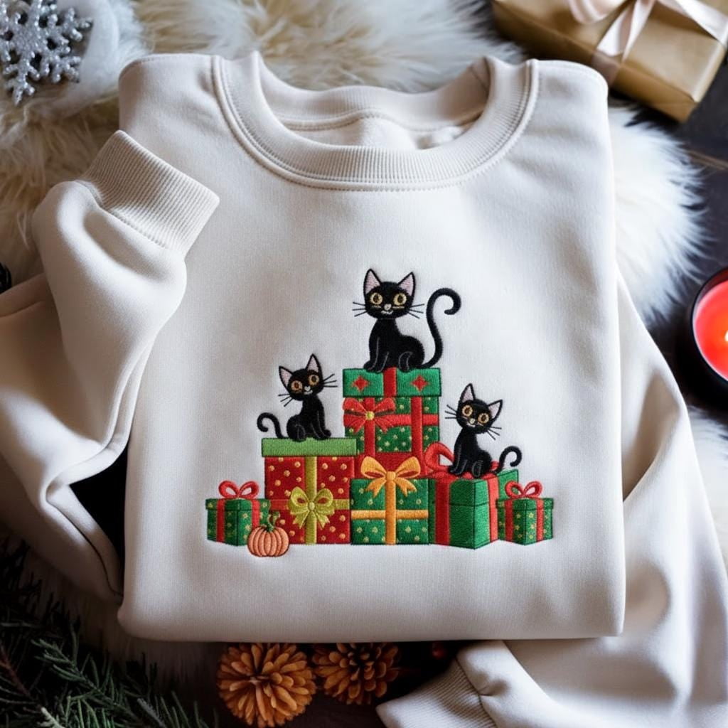 Christmas Black Cats Embroidered Sweatshirt, Cute Holiday Cat Lover ...
