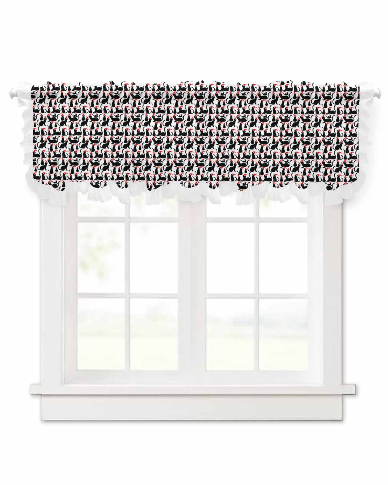 Christmas Black Cats Santa Hats Ruffled Valance for Windows, Winter ...