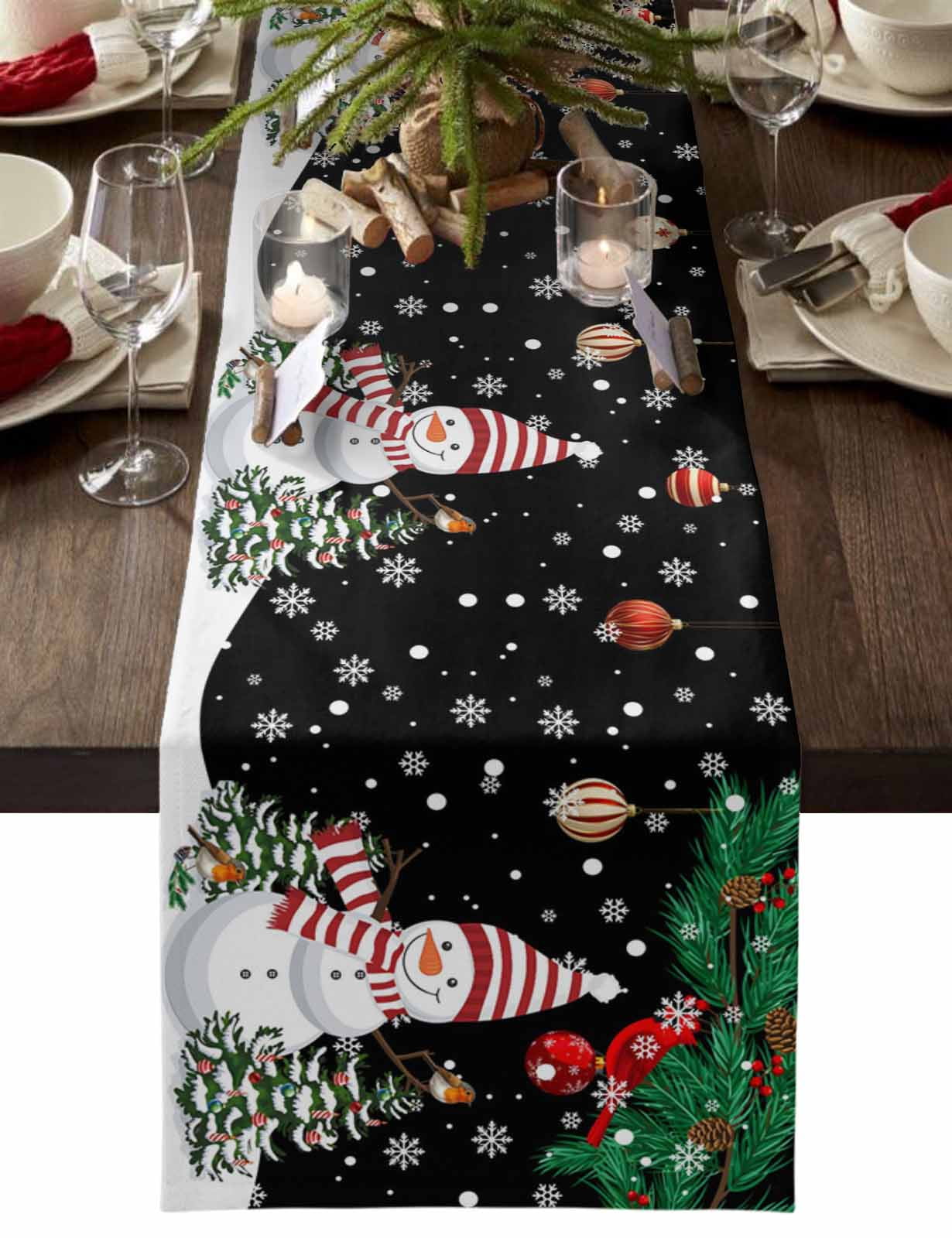 Christmas Black Cotton Linen Table Runner for Dining Kitchen, Winter ...