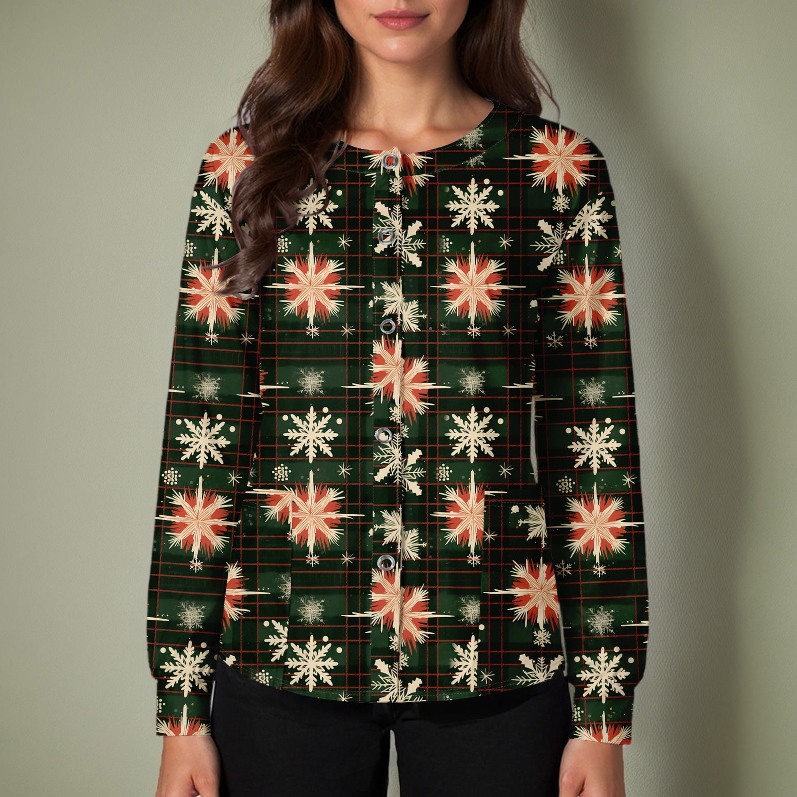 Christmas Black Scrub Jacket for Woman Long Sleeve Snowflake Print ...