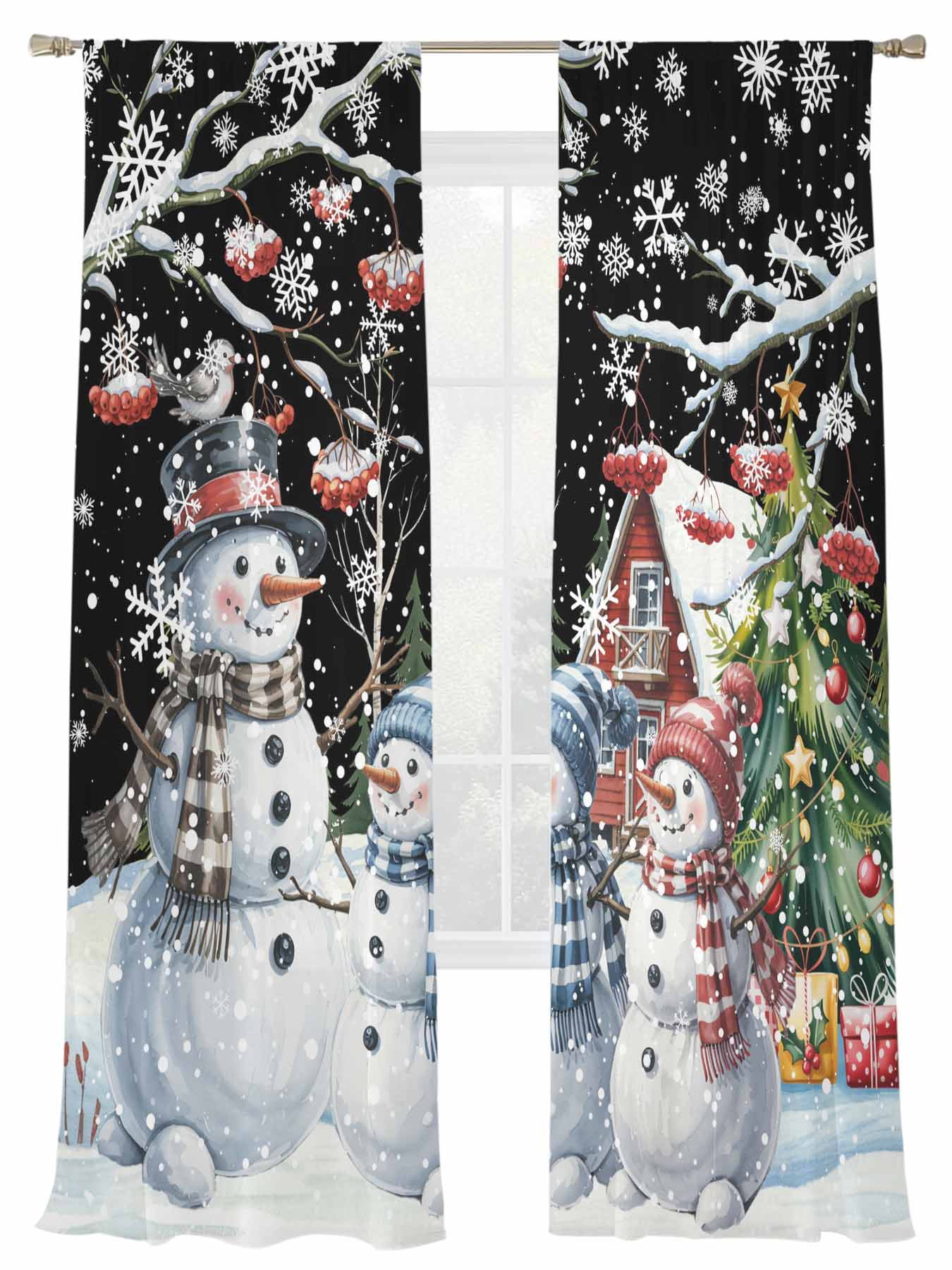 Christmas Black Snowman Chalet Pine Branch Winter Snowflake Sheer ...