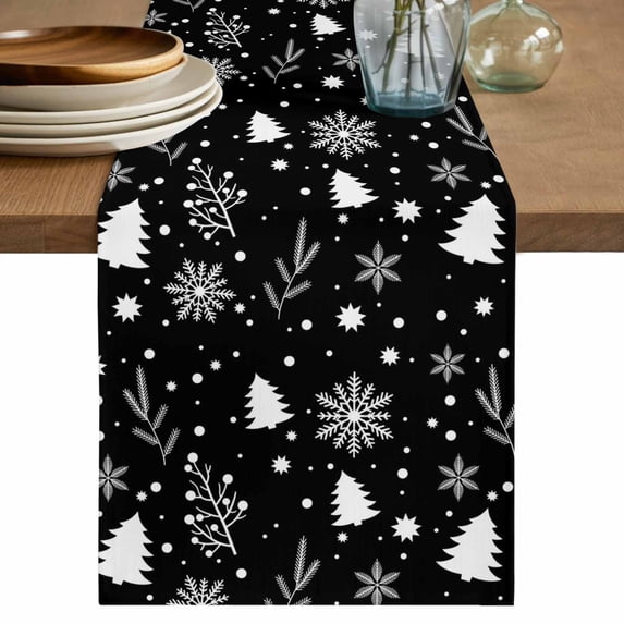 Christmas Black Table Runner 72 Inches, Xmas Tree Winter Snowflakes ...