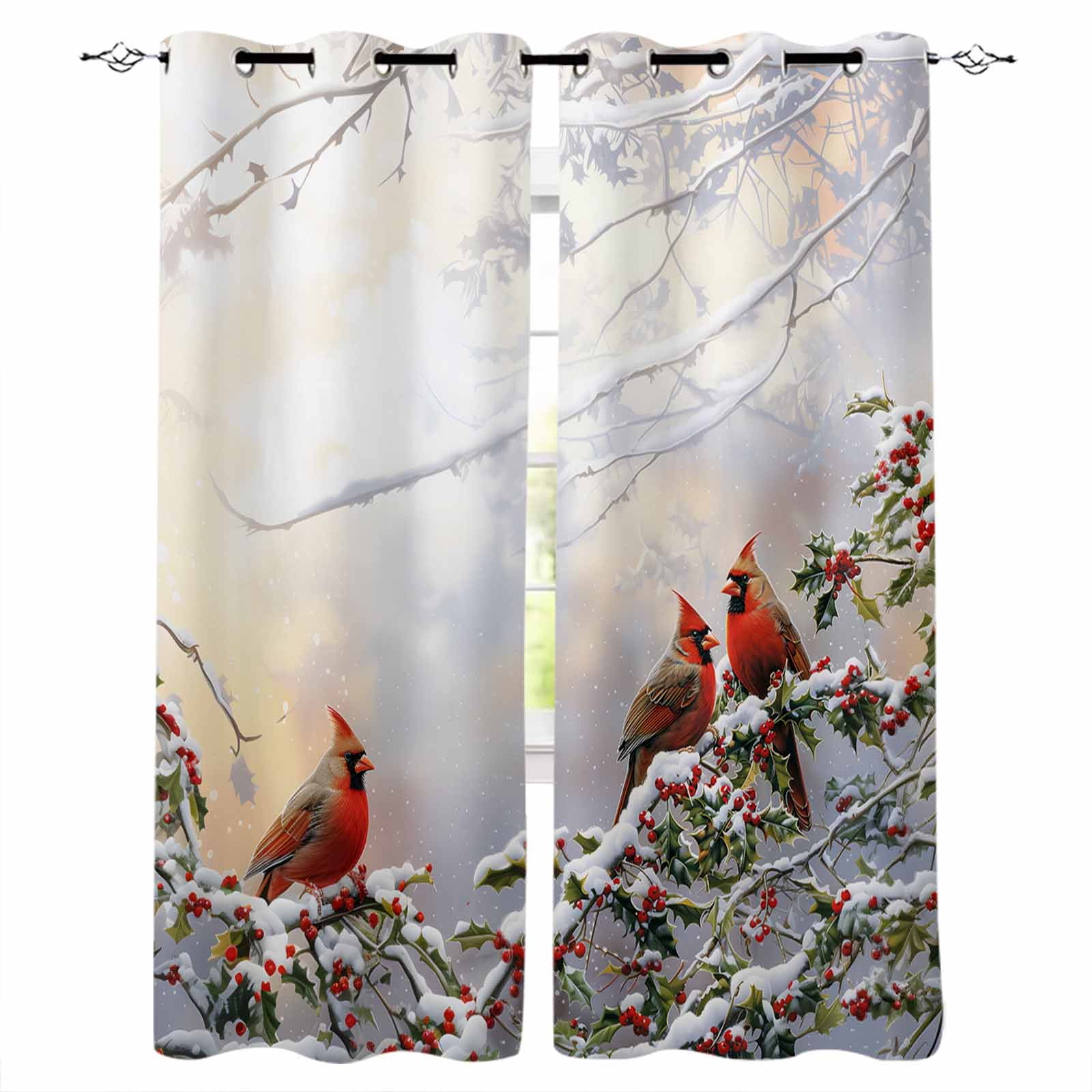 Christmas Blackout Curtains 96 Inches Long, Xmas Birds Berry Botanical ...