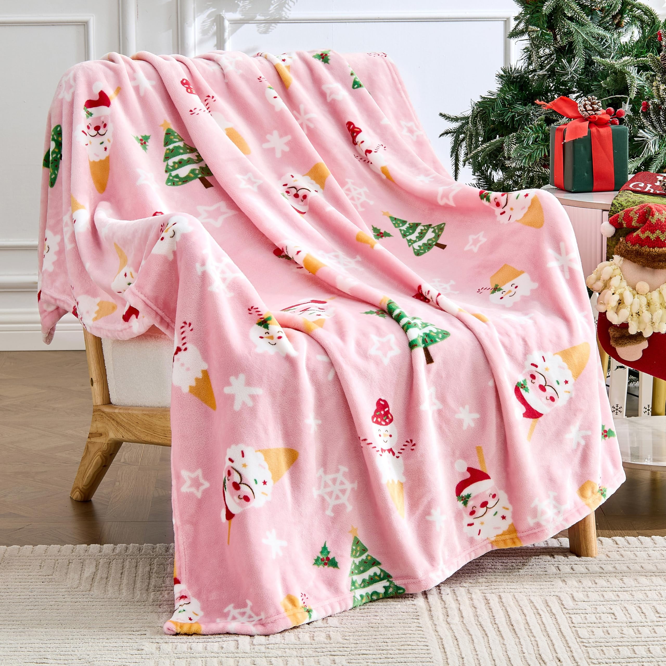 Christmas Blanket Soft Cozy Pink Throws with Snowman Snowflake Santa ...