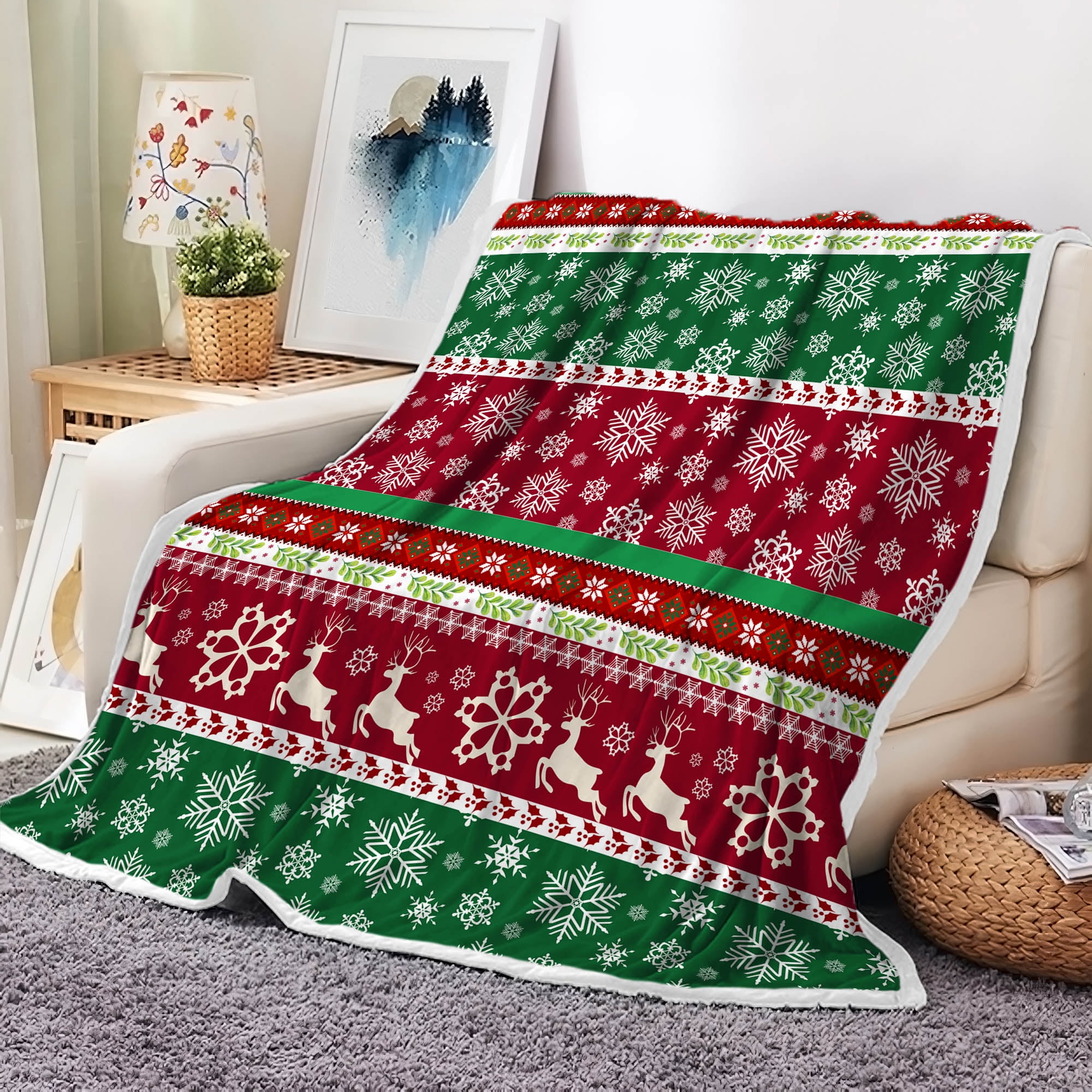 Christmas Blanket, Winter Boho Red Green Reindeer Snowflakes Christmas ...