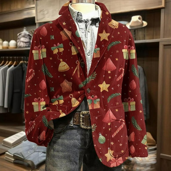 Christmas Blazer for Men 2025 Fashion Xmas Graphic Slim Fit Corduroy ...