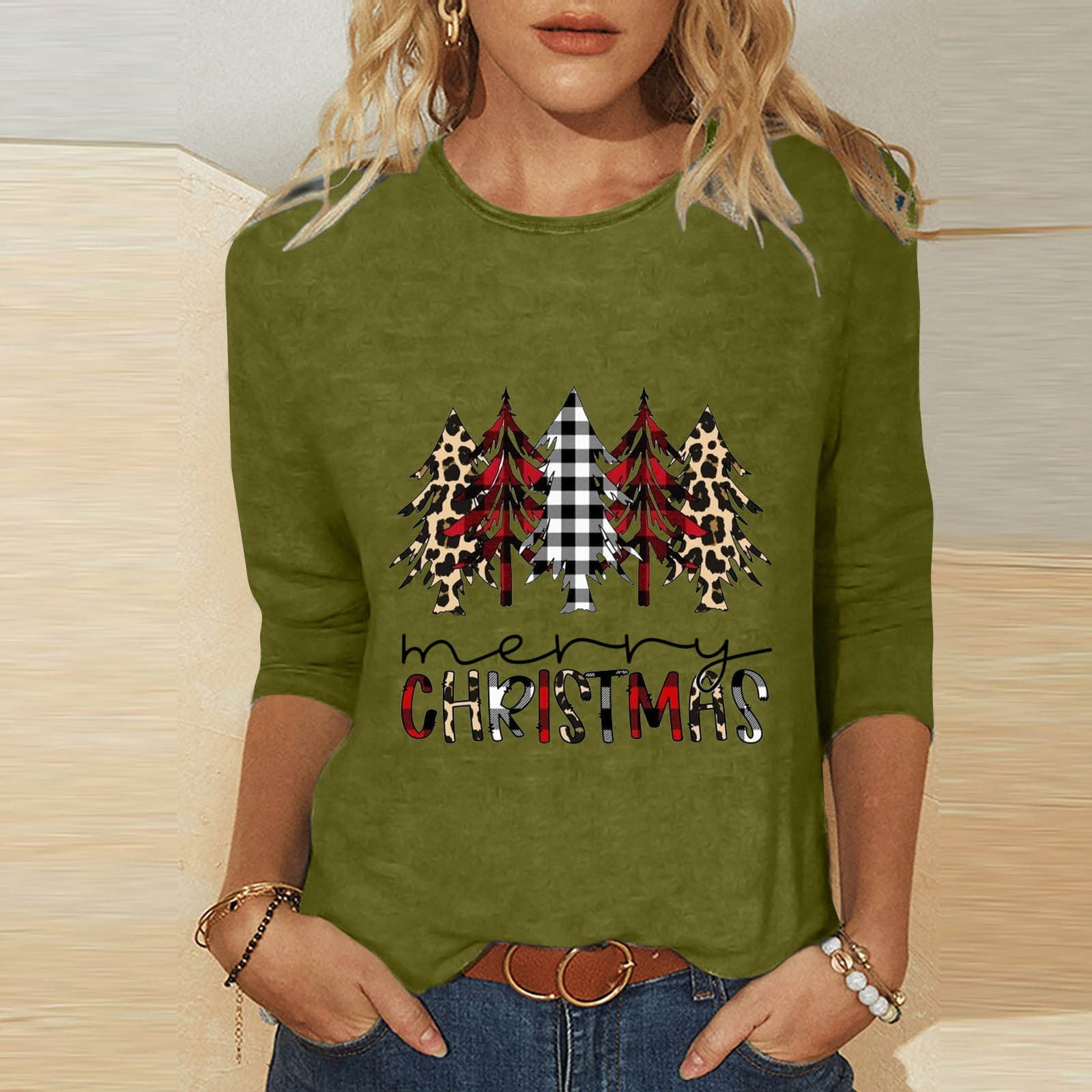 Christmas Blouses For Women 34 Sleeveschristmas Tops 34 Sleeve Shirts For Women Crew Neck