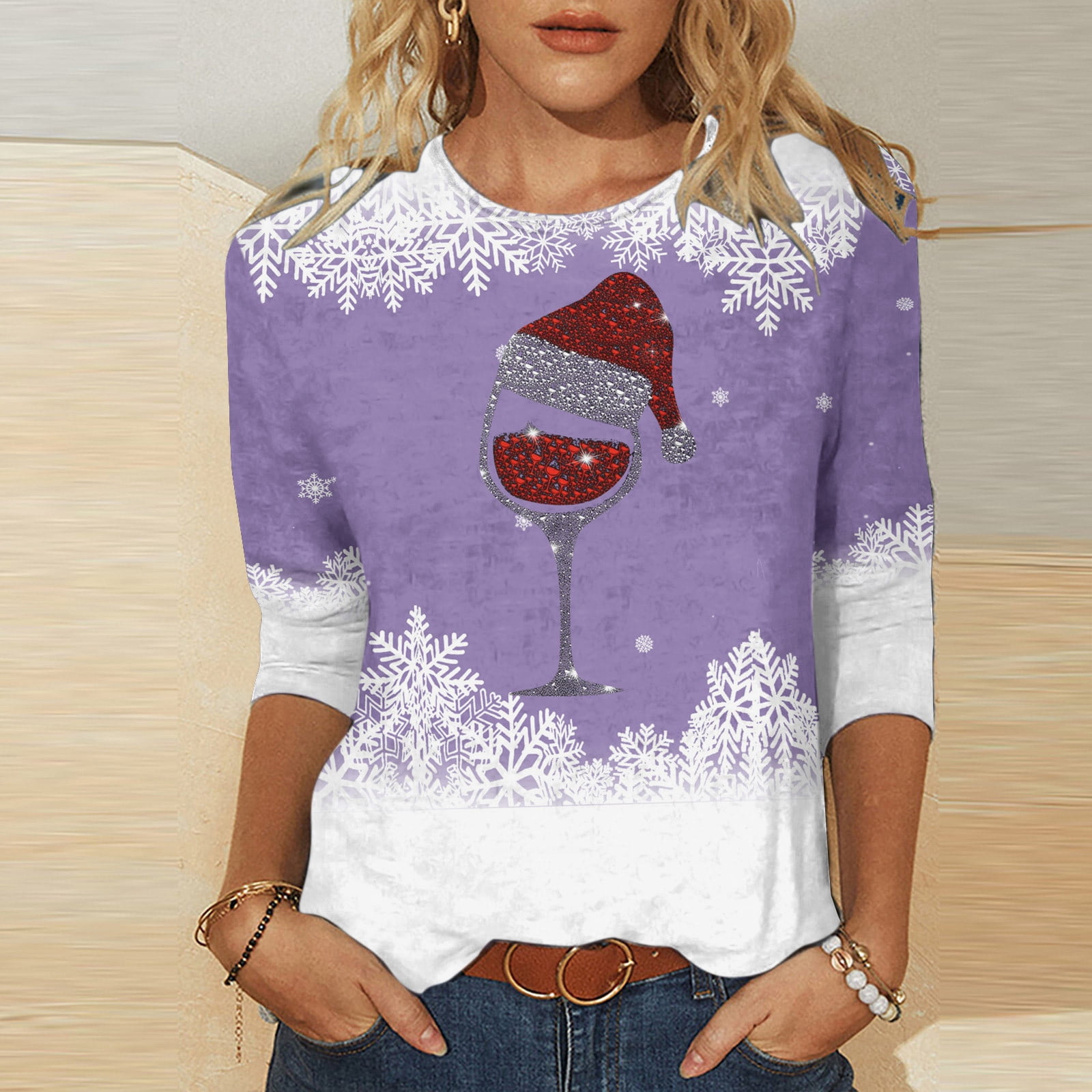 Christmas Blouses For Women Plus Size 34 Sleevetops For Women Casual Crewneck 34 Sleeve
