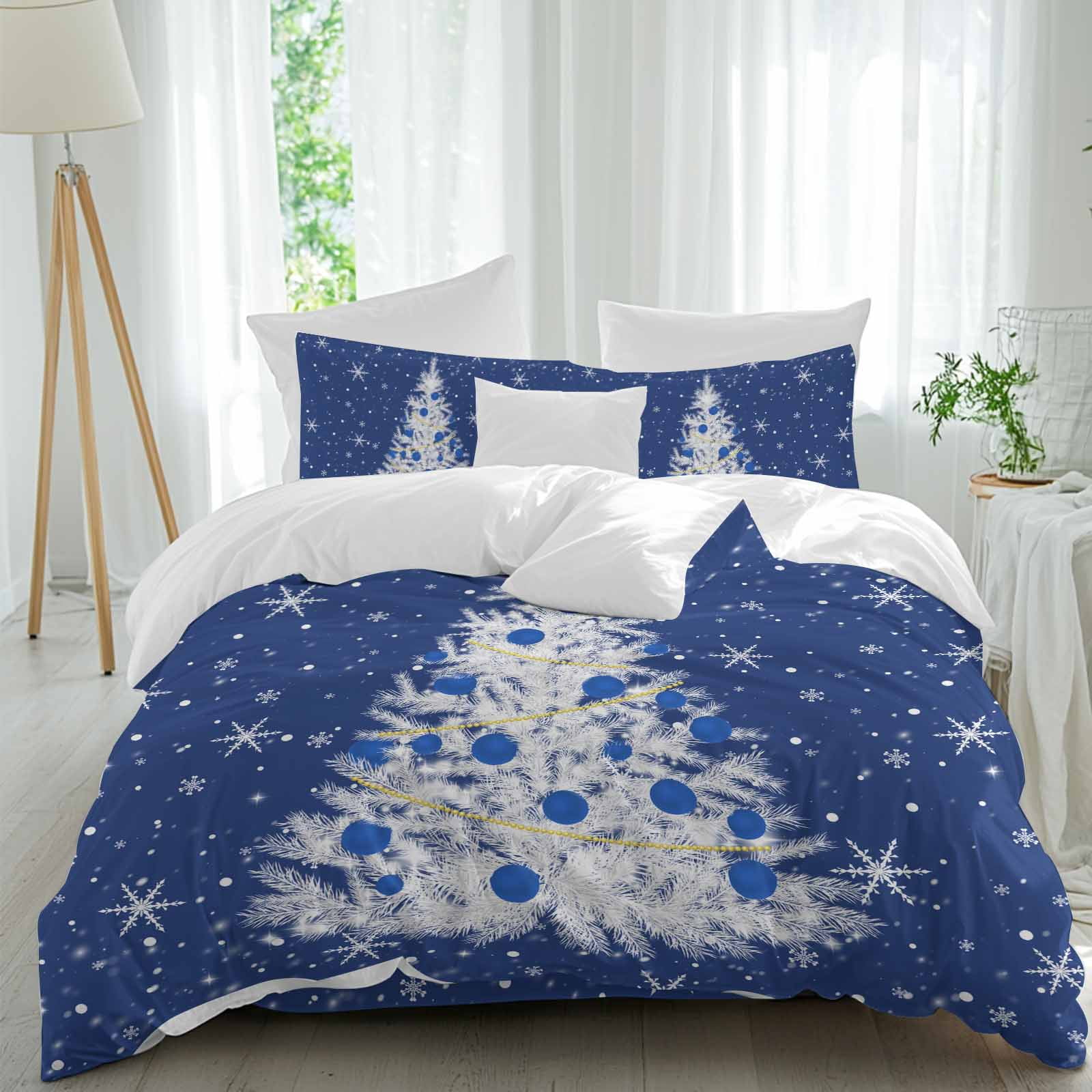 Christmas Blue Duvet Cover Set Full Size, White Xmas Tree Winter ...