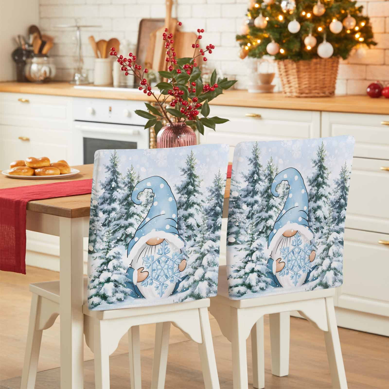 Christmas Blue Gnome Chair Back Covers Set of 6, Snowflakes Xmas Trees ...