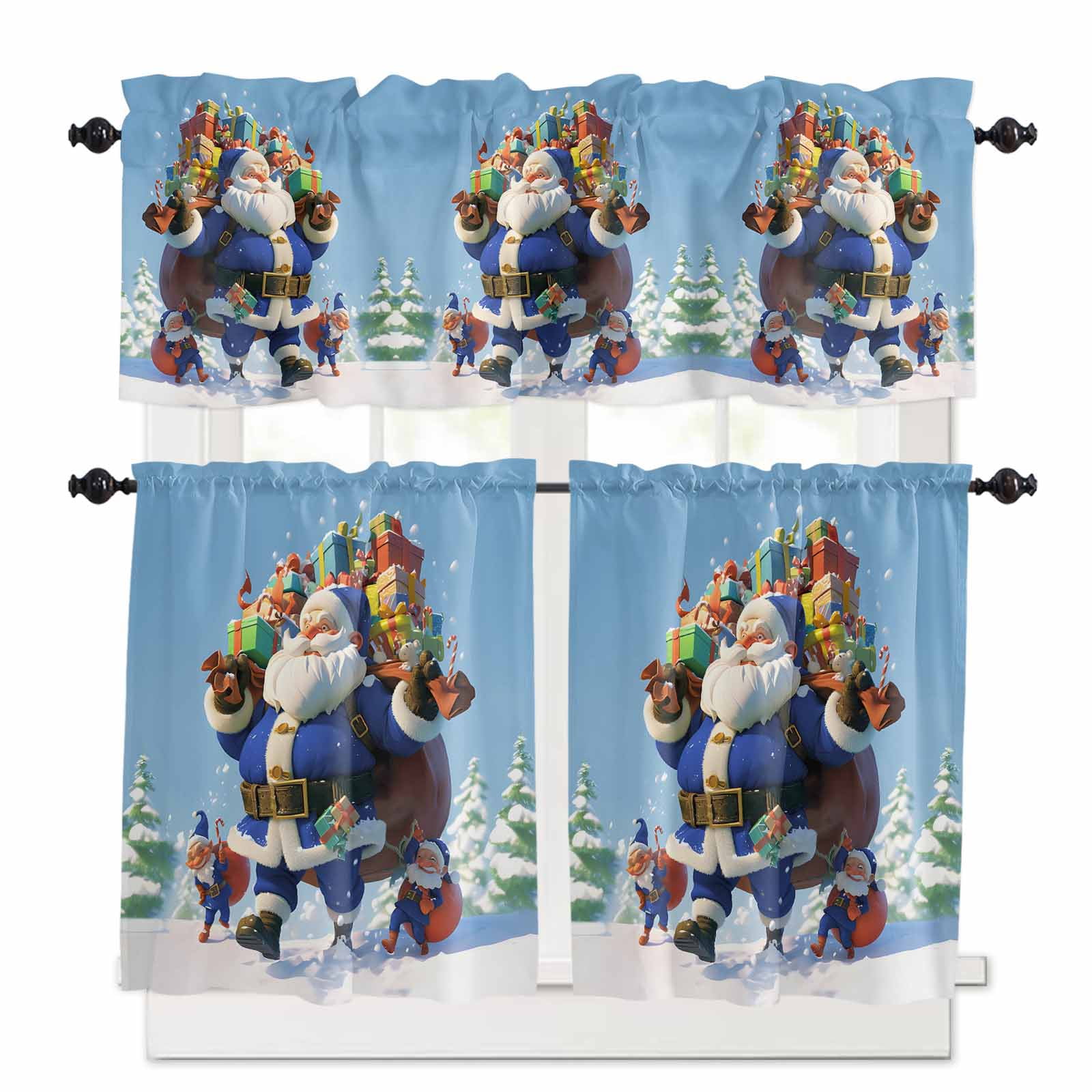 Christmas Blue Kitchen Curtains Valances and Tiers Set of 3 Gift Santa ...