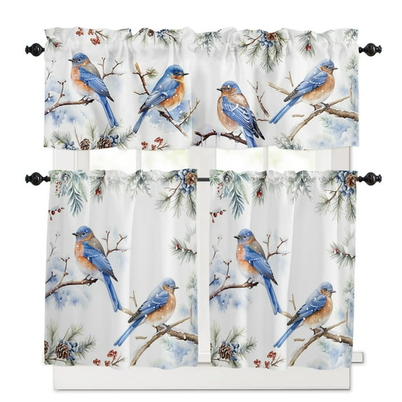 Christmas Blue Kitchen Curtains Valances and Tiers Set of 3 Robins on ...