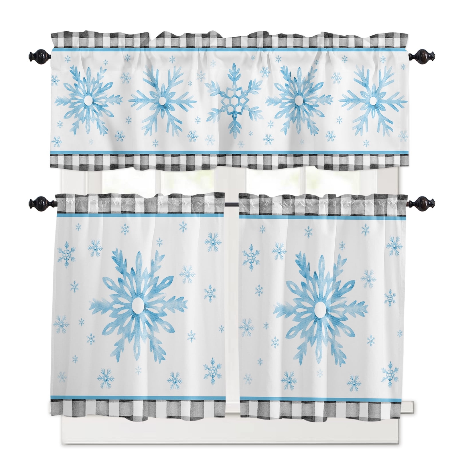 Christmas Blue Kitchen Curtains Valances and Tiers Set of 3 Snowflake ...
