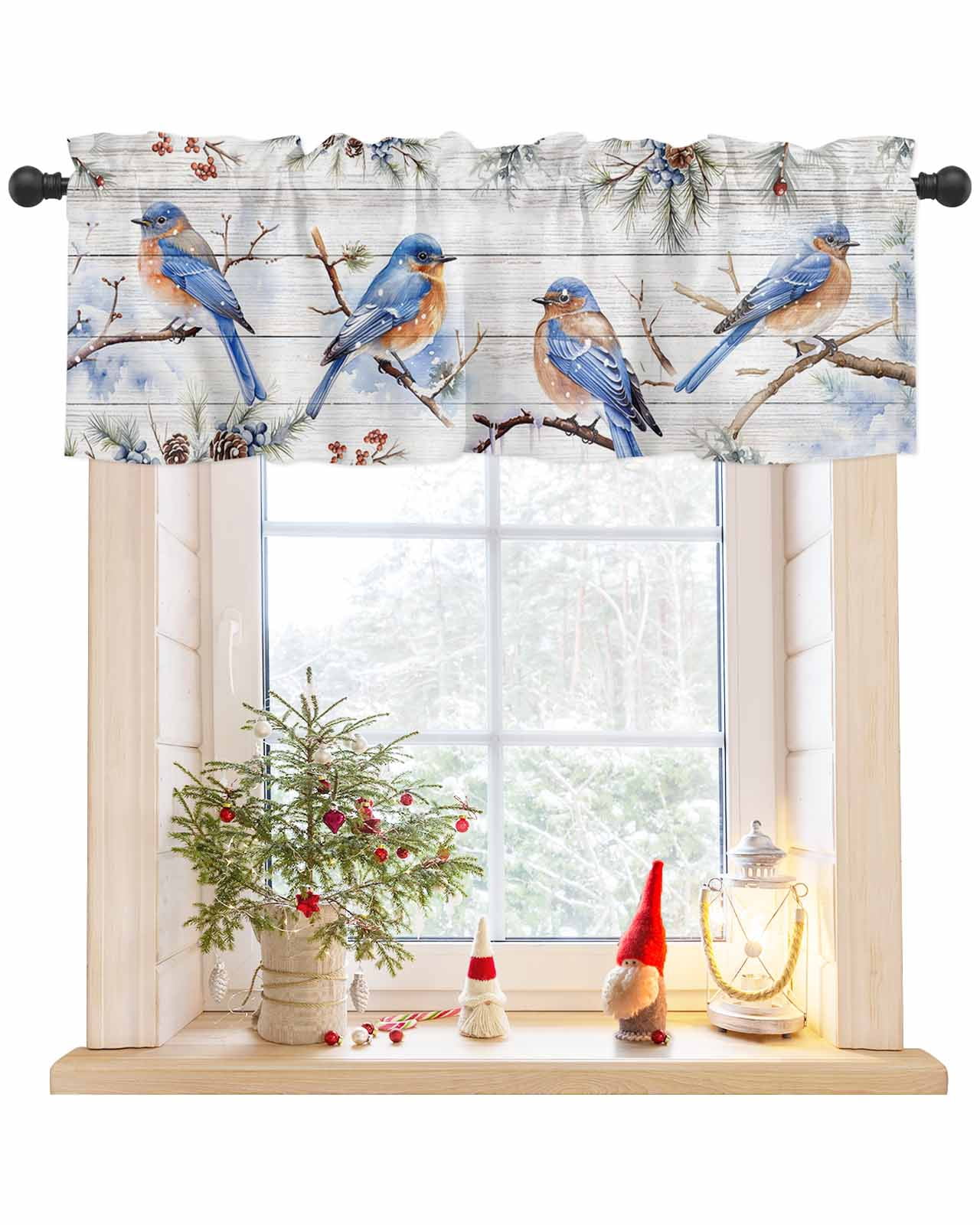 Christmas Blue Robin Pine Cone Window Valances for Kitchen,Rod Pocket ...