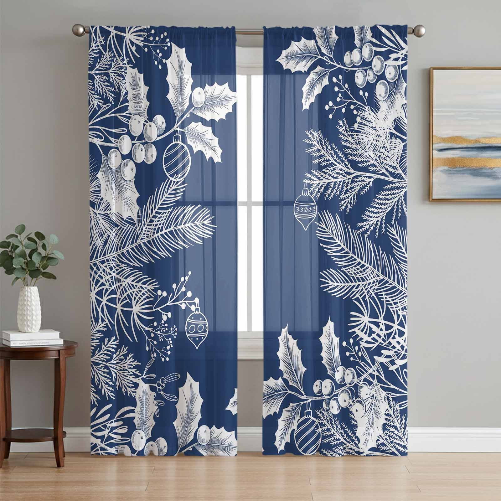Christmas Blue Sheer Curtains 84 Inch Length 2 Panels Set, Pine Needle ...