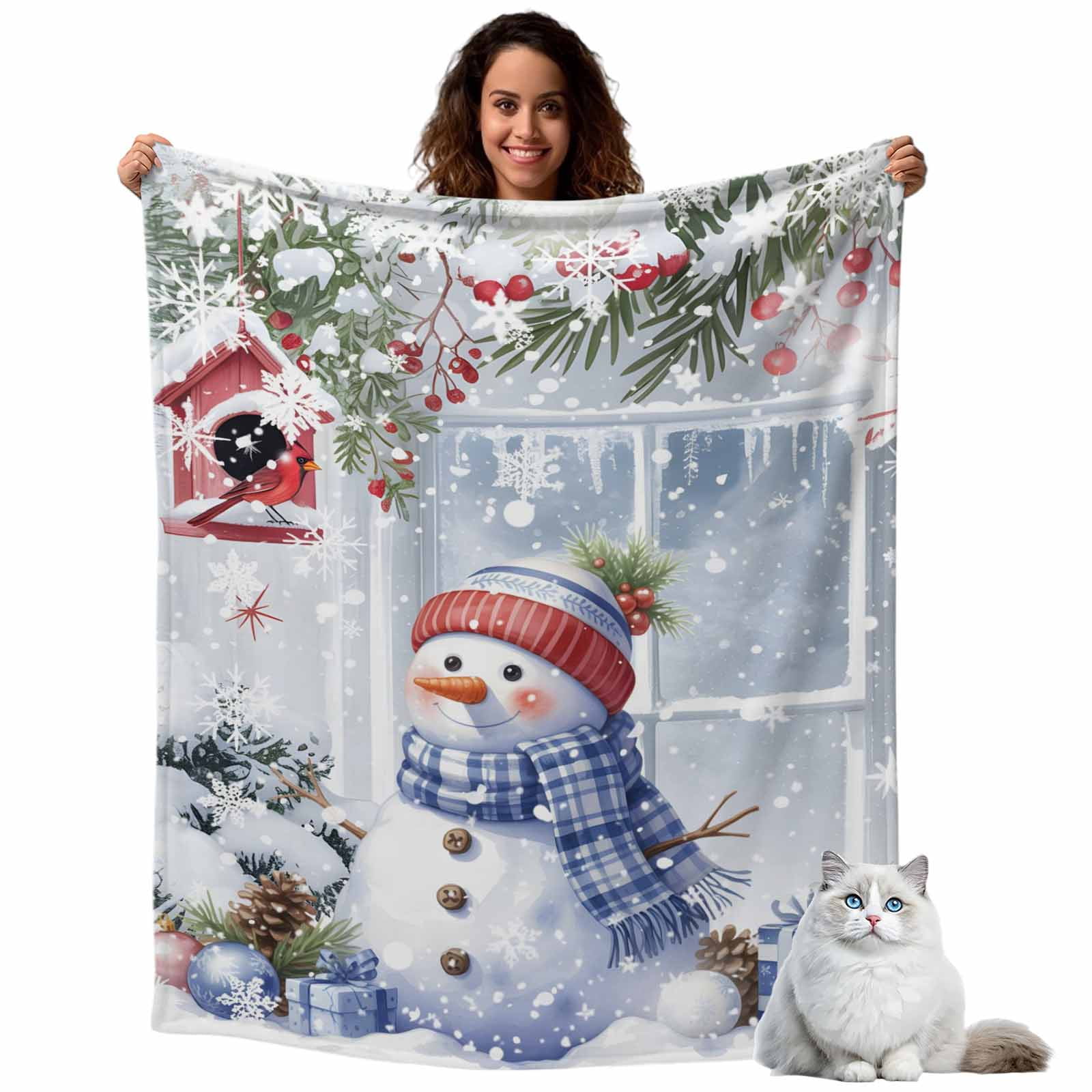 Christmas Blue Snowman Flannel Blanket for Bed,Travel and Camping, Winter Snowflake Pine Leaf ...