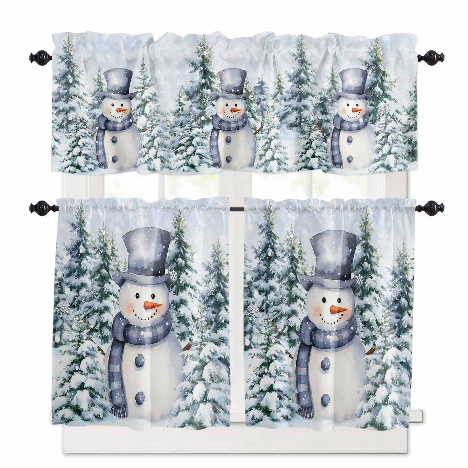 Christmas Blue Snowman Kitchen Curtains and Valances Set, Winter Snow ...