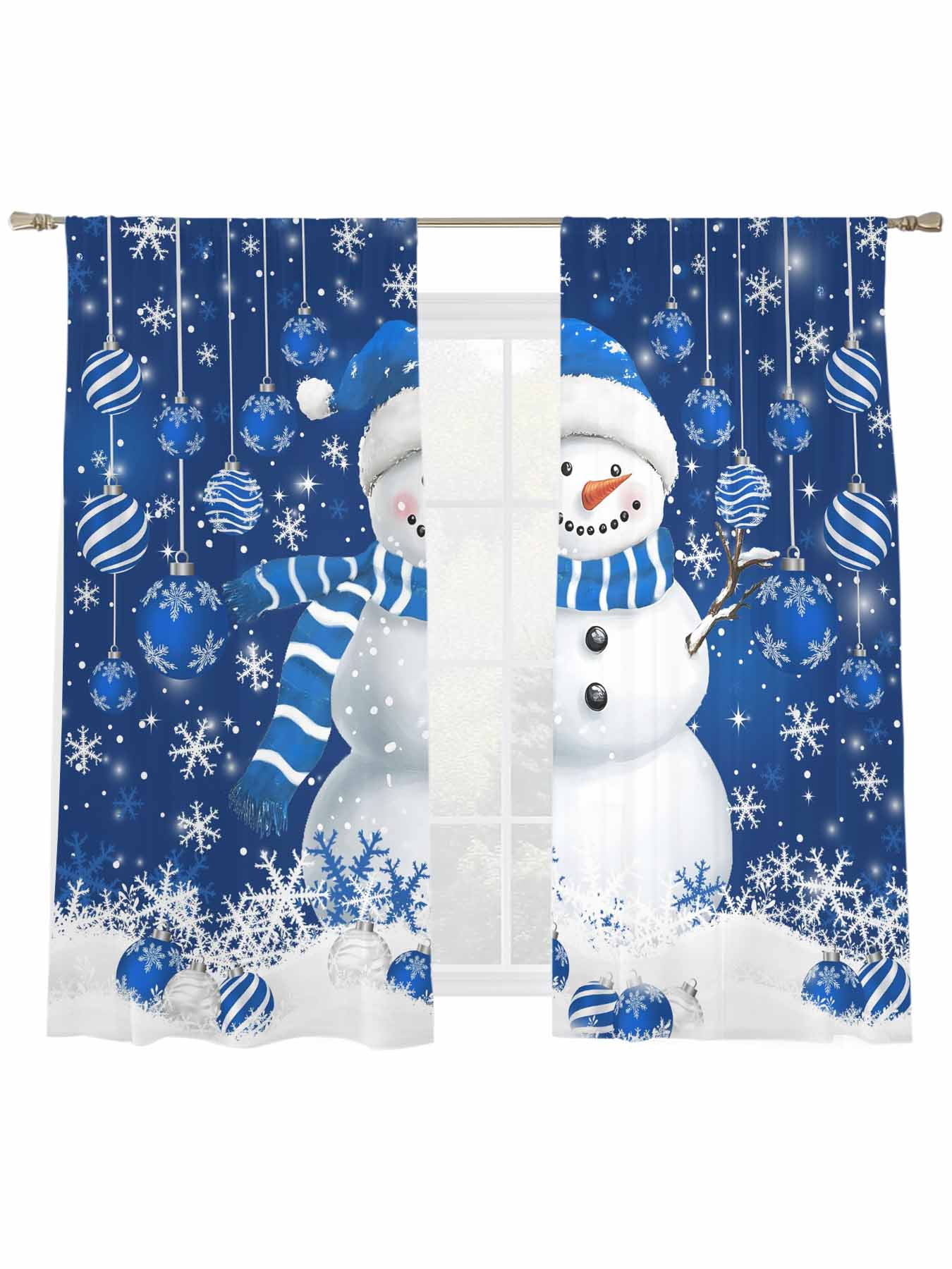Christmas Blue Snowman Sheer Curtains 72 inches Long, Xmas Balls ...