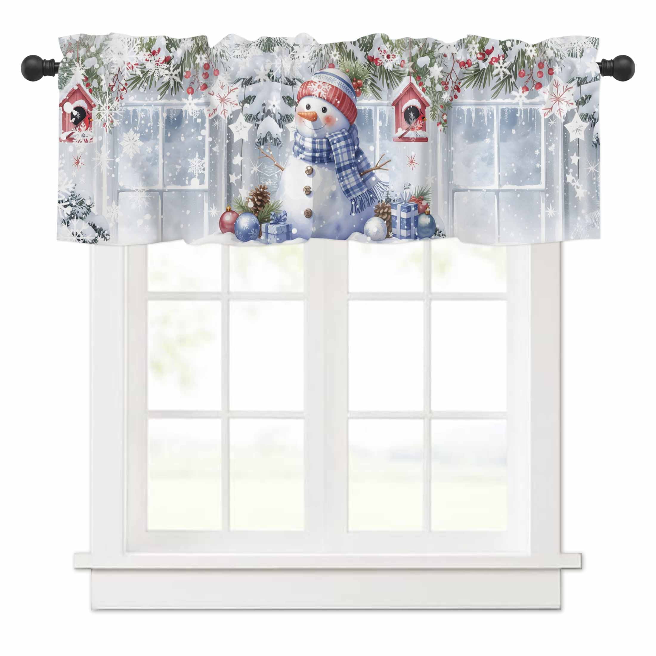Christmas Blue Snowman Valances for Windows Winter Snowflake Pine Leaf ...