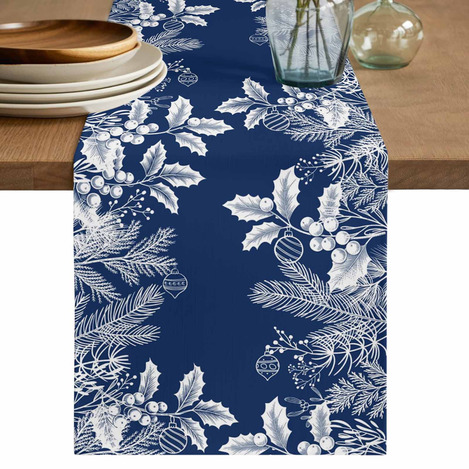 Christmas Blue Table Runner 72 Inches, Pine Needle Cones Silhouette ...