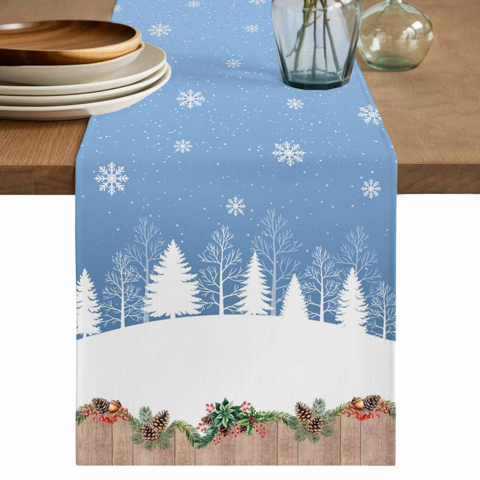 Christmas Blue Table Runner 72 Inches, White Xmas Tree Forest ...
