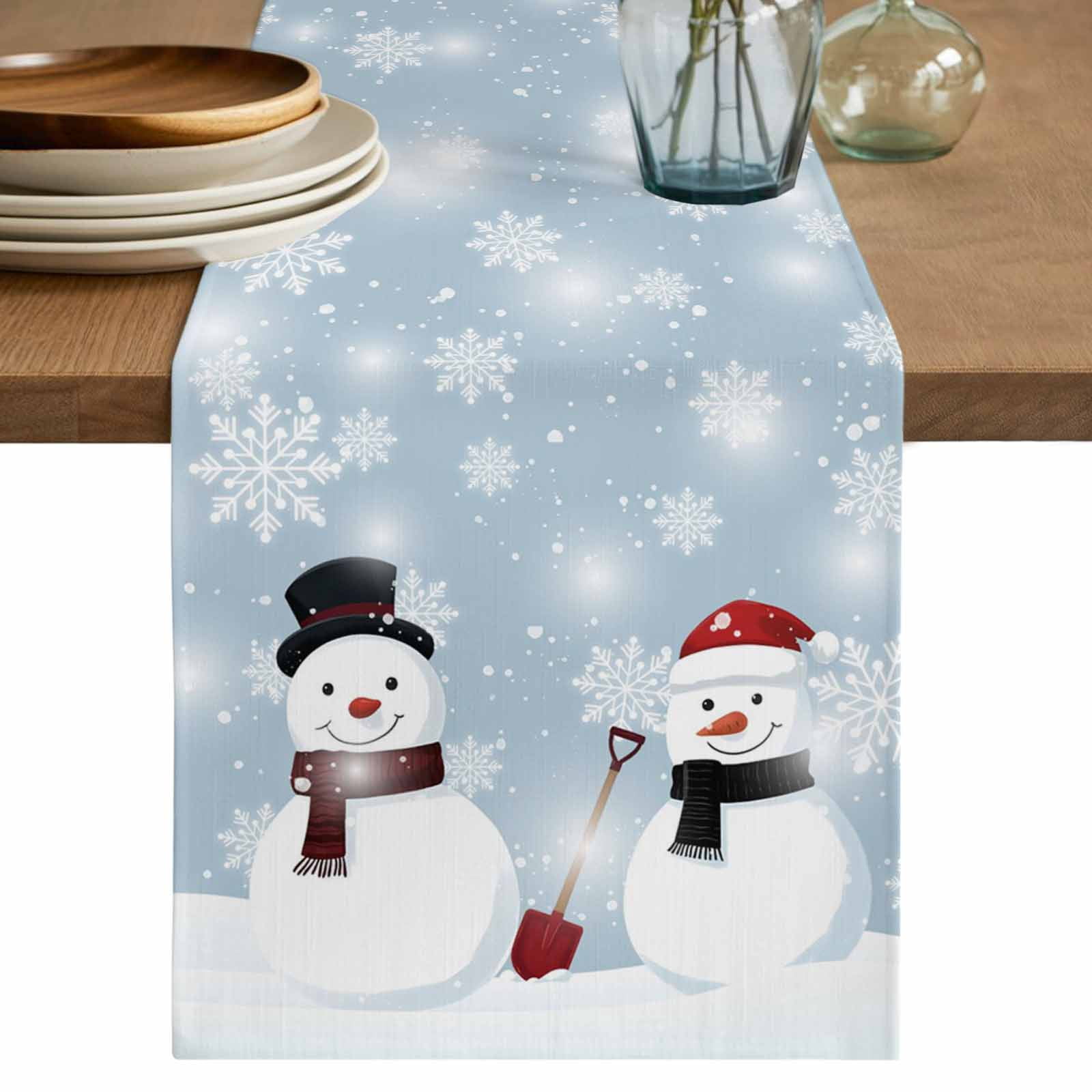 Christmas Blue Table Runner 90 Inches, Cute Snowman Winter Snowflake ...