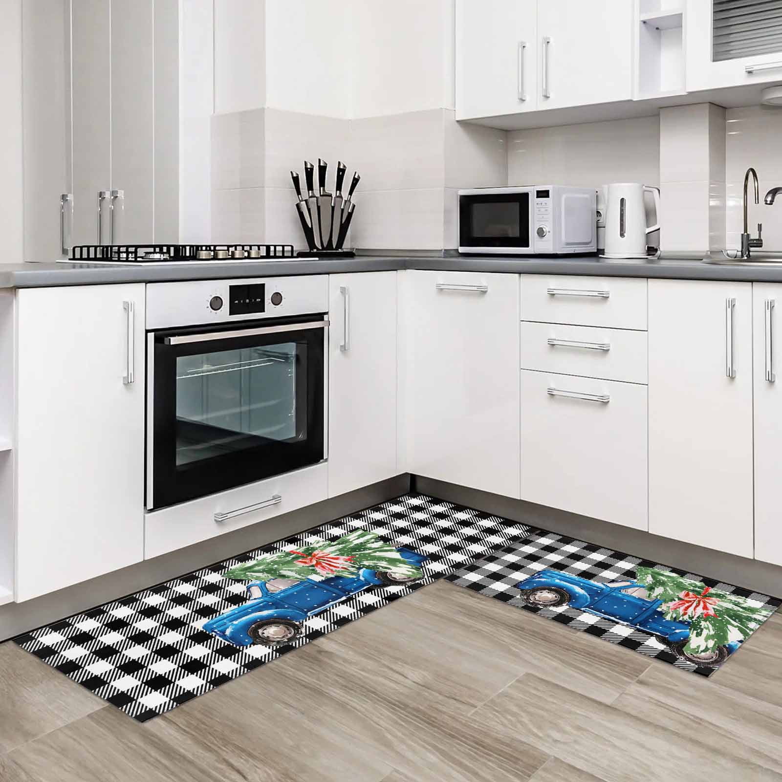Christmas Blue Truck 2 Pieces Non-Slip Kitchen Mat Set Xmas Tree Bow ...