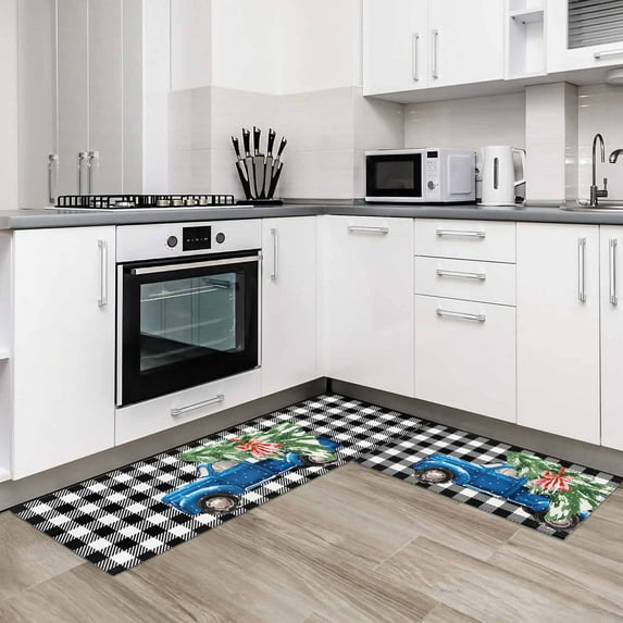 Christmas Blue Truck 2 Pieces Non-Slip Kitchen Mat Set Xmas Tree Bow ...