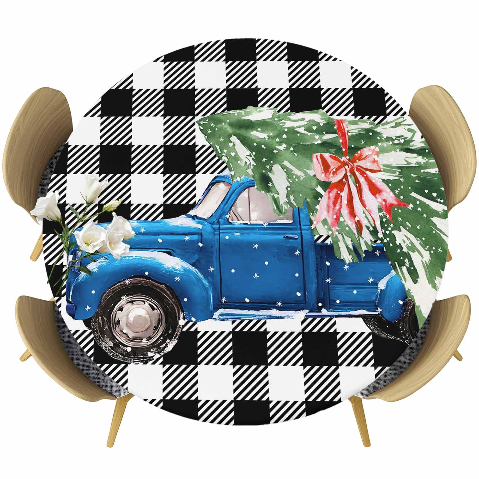Christmas Blue Truck Round Tablecloth, Fitted Table Cover with Elastic ...
